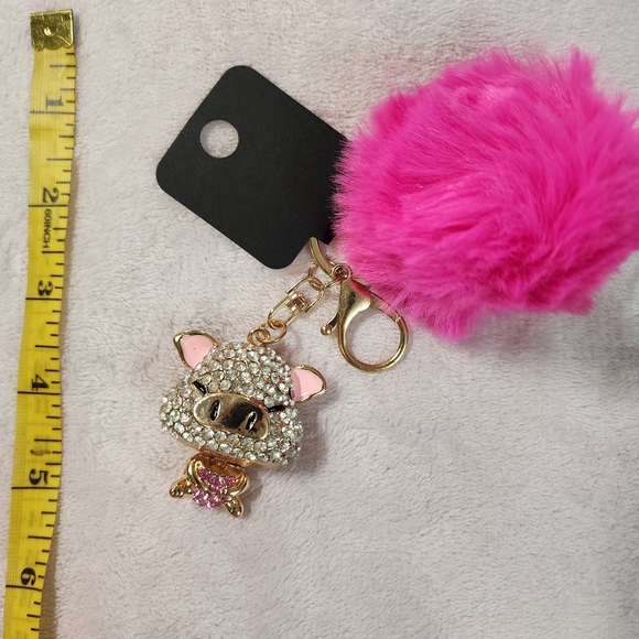 Accessories | 325 Pink Fluffy Pom Pom Keychain With Rhinestone Pig ...